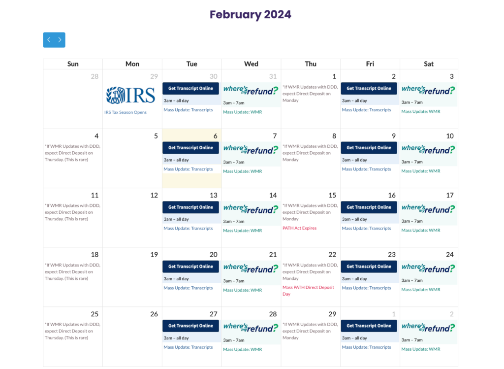 IRS Update Calendar for Transcripts and WMR